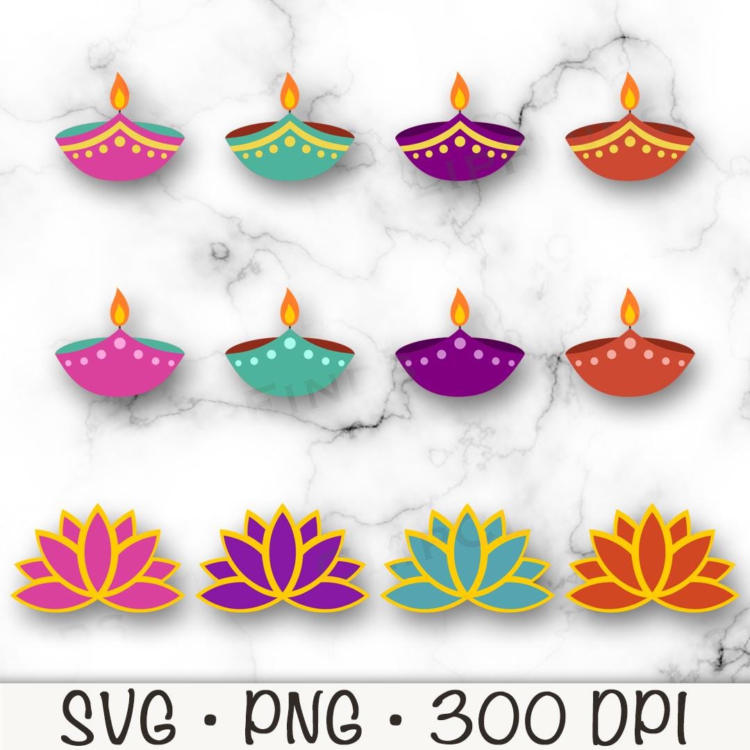 Diwali Clipart, Diya and Lotus Flower, Diwali Graphics Bundle Pack, SVG ...