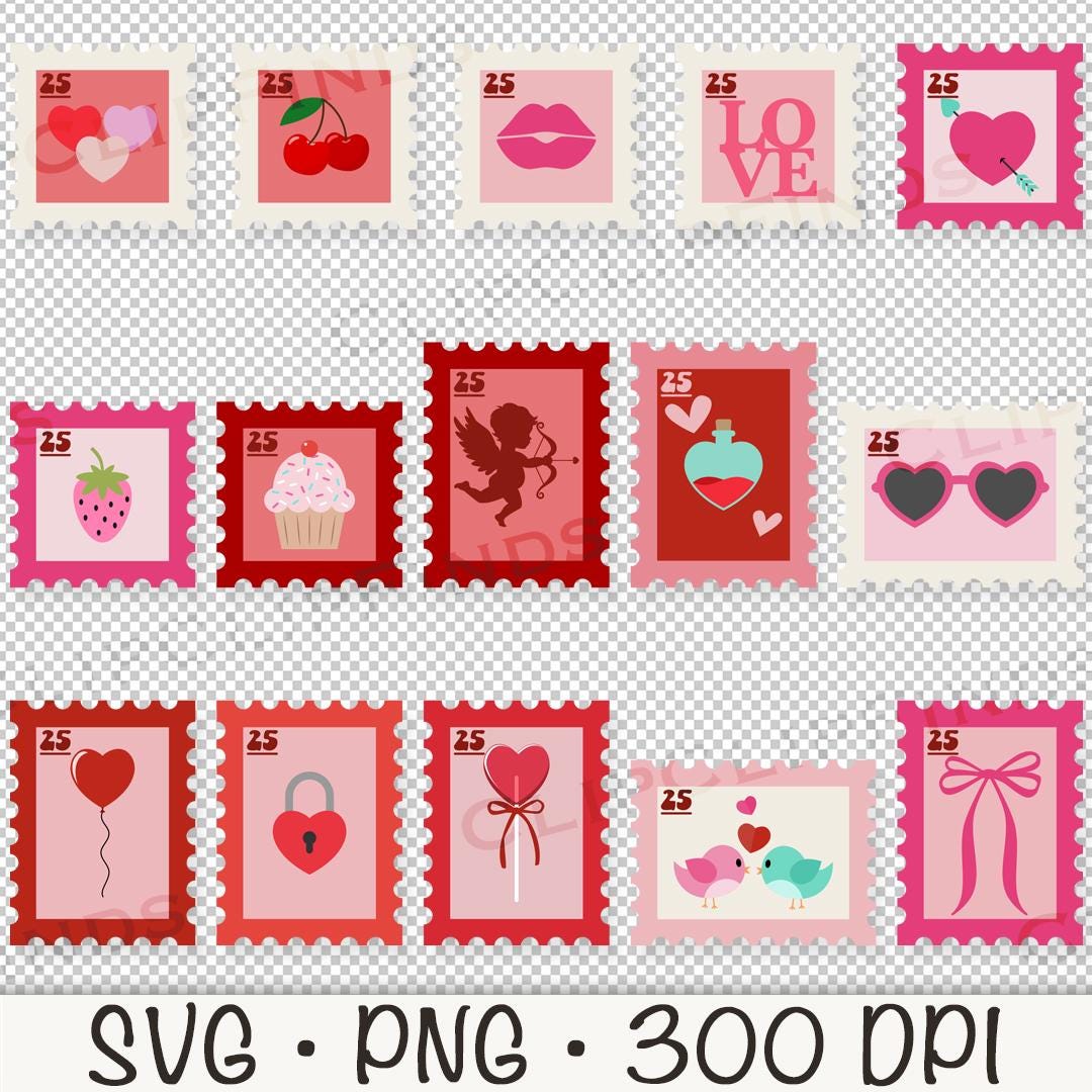 Valentine's Day Stamps Clipart, SVG, PNG, Postal Stamps, Cupid, Cherry ...