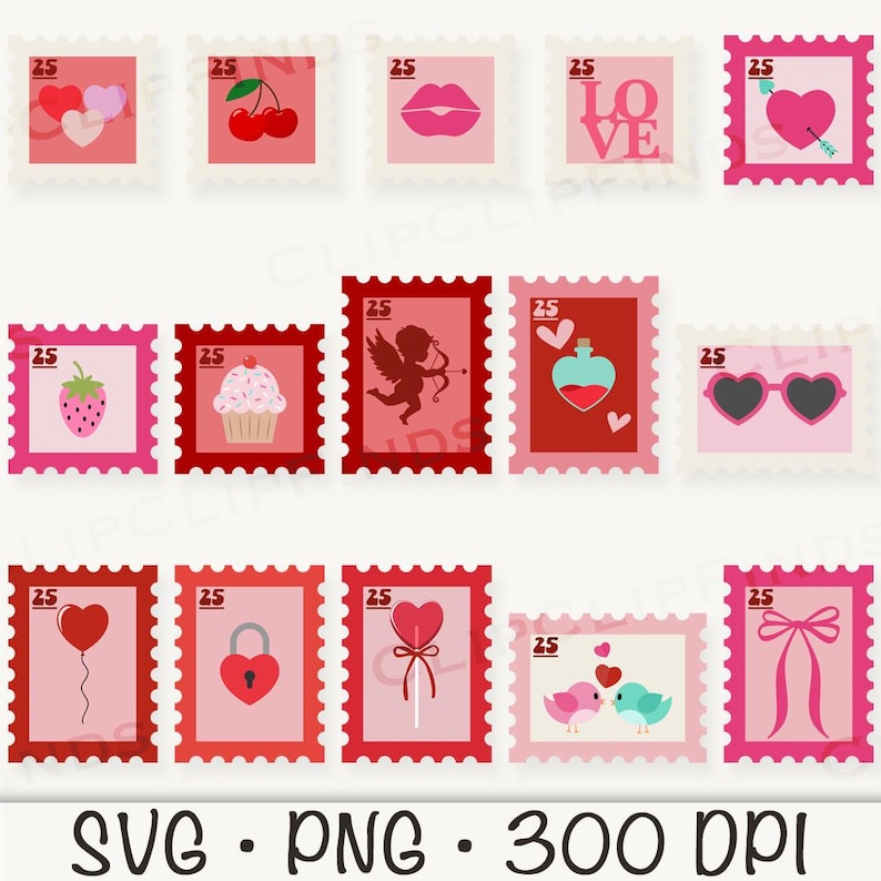 Valentine's Day Stamps Clipart, SVG, PNG, Postal Stamps, Cupid, Cherry ...
