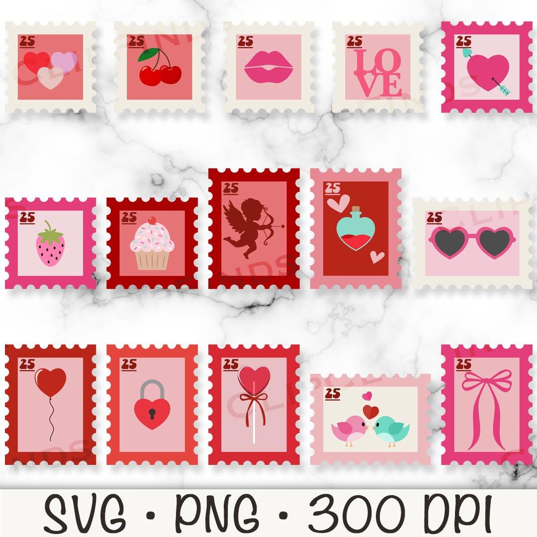 Valentine's Day Stamps Clipart, SVG, PNG, Postal Stamps, Cupid, Cherry ...
