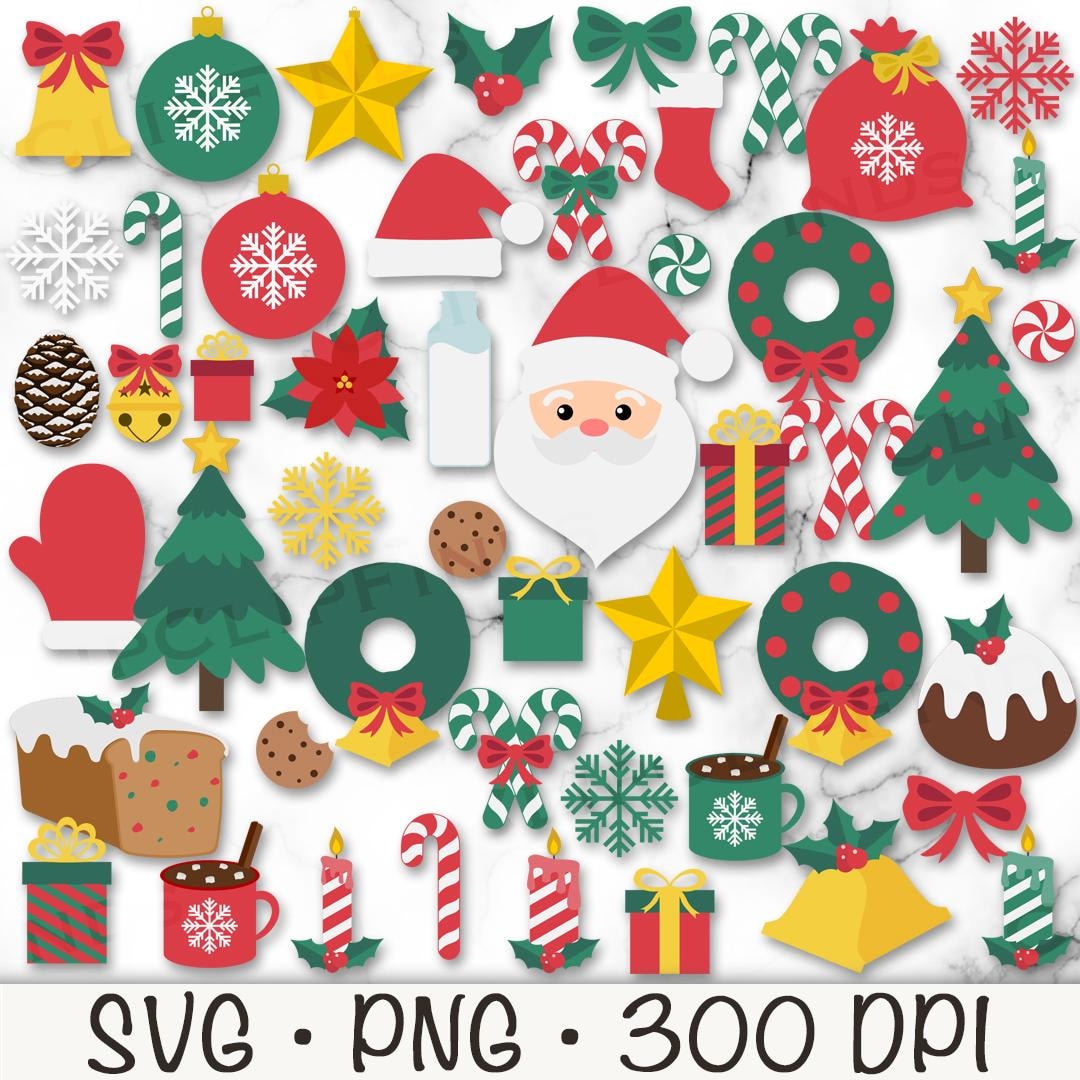 Christmas Clipart, Jingle Bells, Wreath, Cookies and Milk, Santa Face ...