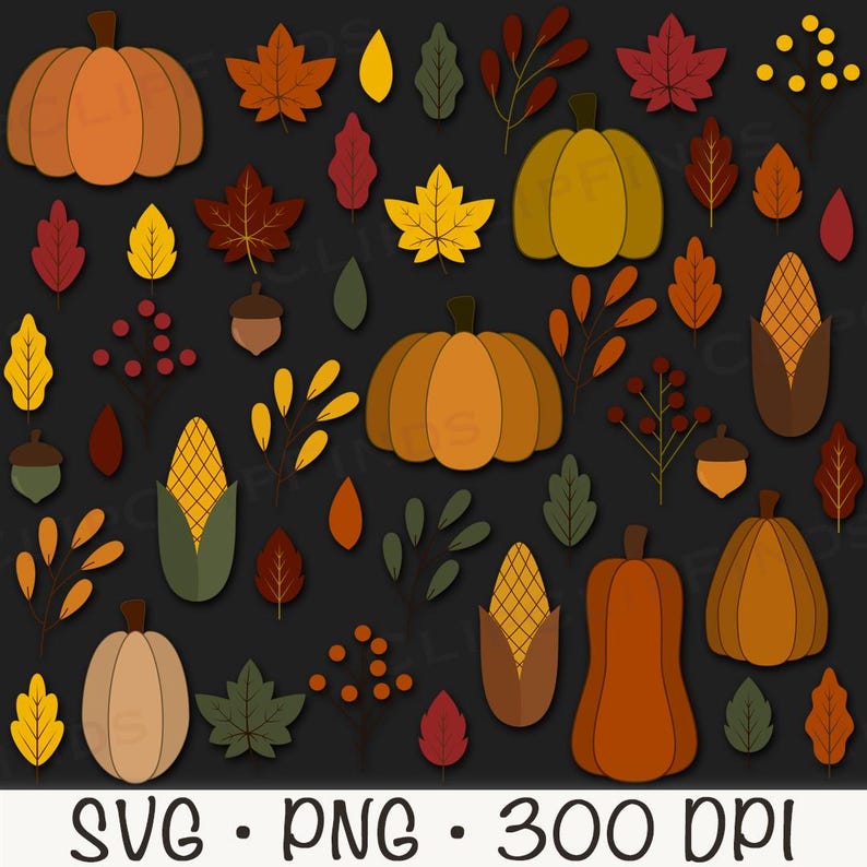 Fall Clip Art Bundle Pack PNG, Foliage SVG, Pumpkin, Corn, Thanksgiving ...