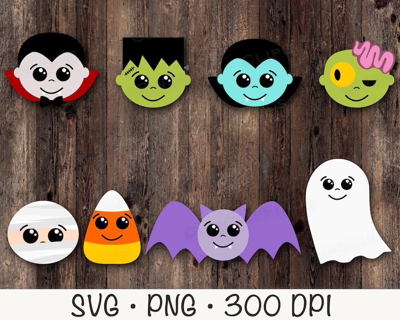 Cute Halloween Monster Faces, Dracula, Mummy, Ghost, Candy Corn, Bat ...