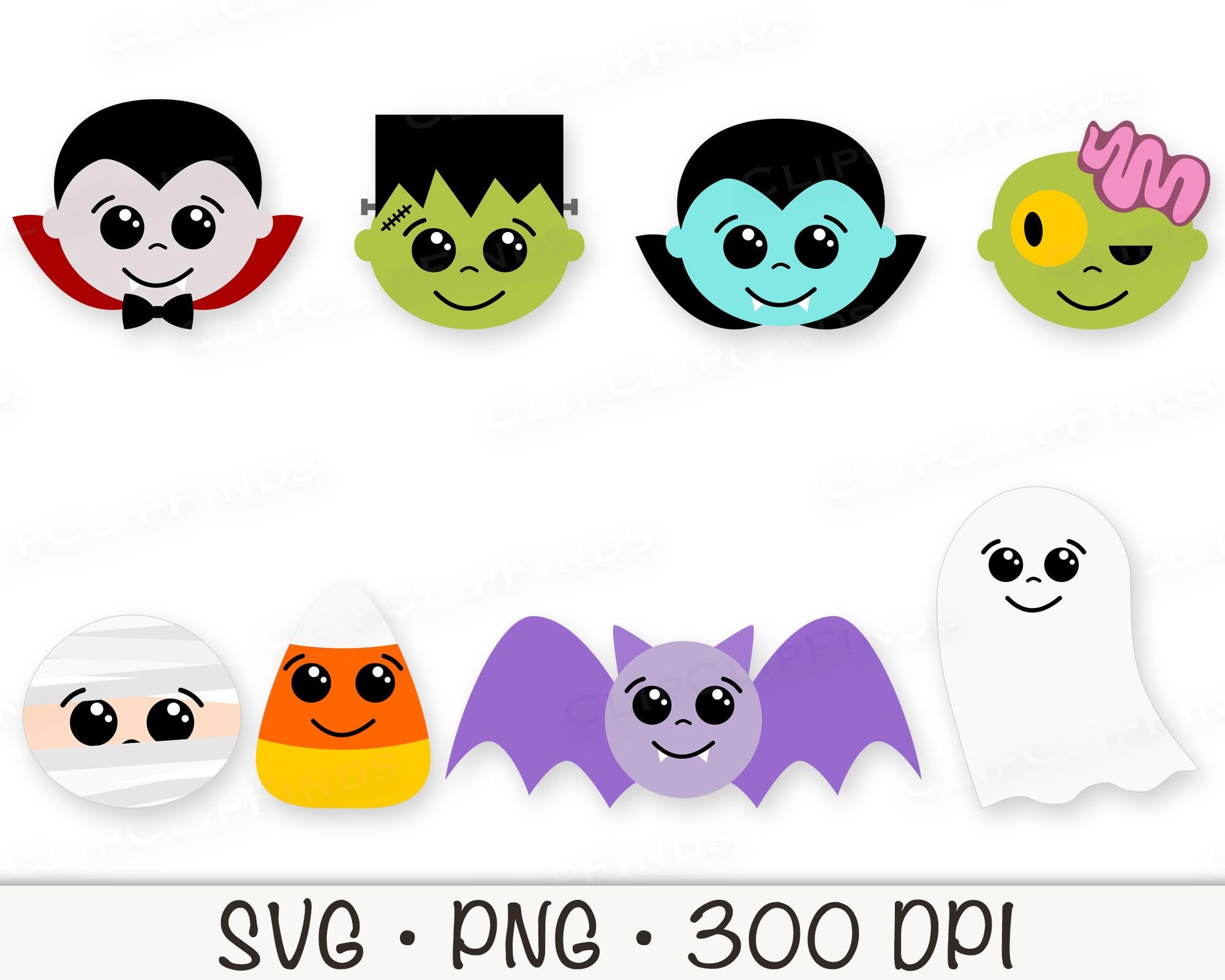 Cute Halloween Monster Faces, Dracula, Mummy, Ghost, Candy Corn, Bat ...