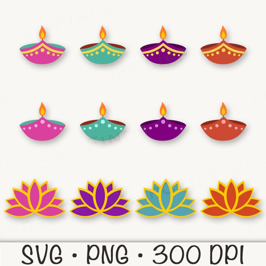 Diwali Clipart, Diya and Lotus Flower, Diwali Graphics Bundle Pack, SVG ...