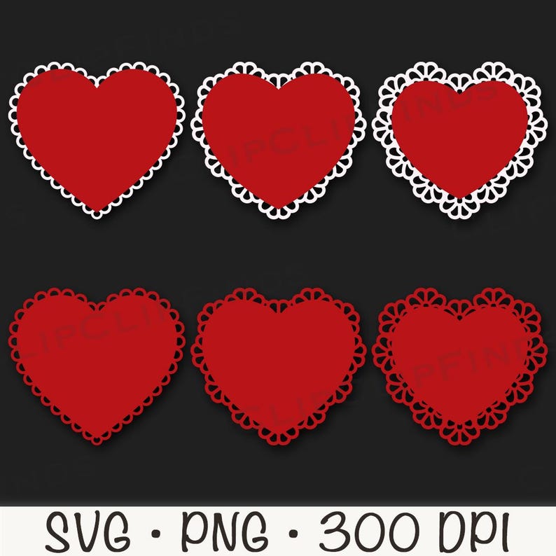 Doily Hearts SVG, Lace Hearts PNG, Scalloped Hearts Clipart, Valentine ...