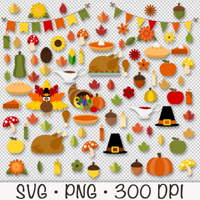 Thanksgiving Dinner Clip Art, Acorn, Pumpkin Pie, Pine Corn, Roast ...