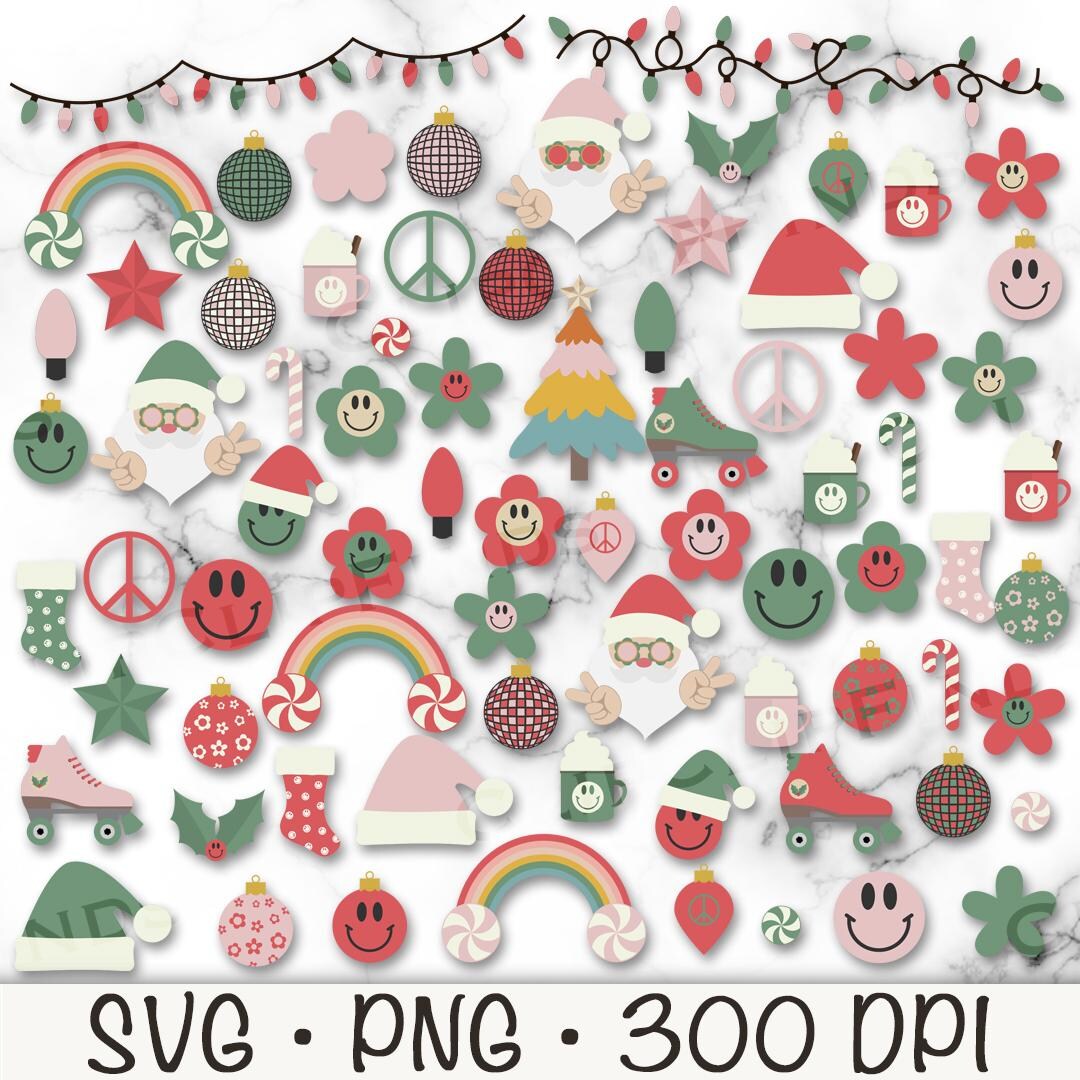 Groovy Christmas Clipart, Hippie Santa, Peace Sign, Retro Christmas ...