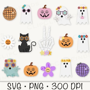 Hippie Halloween, Groovy Halloween Clipart, Hippie Ghost, Black Cat ...