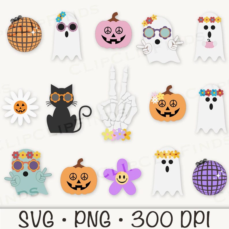 Hippie Halloween, Groovy Halloween Clipart, Hippie Ghost, Black Cat ...