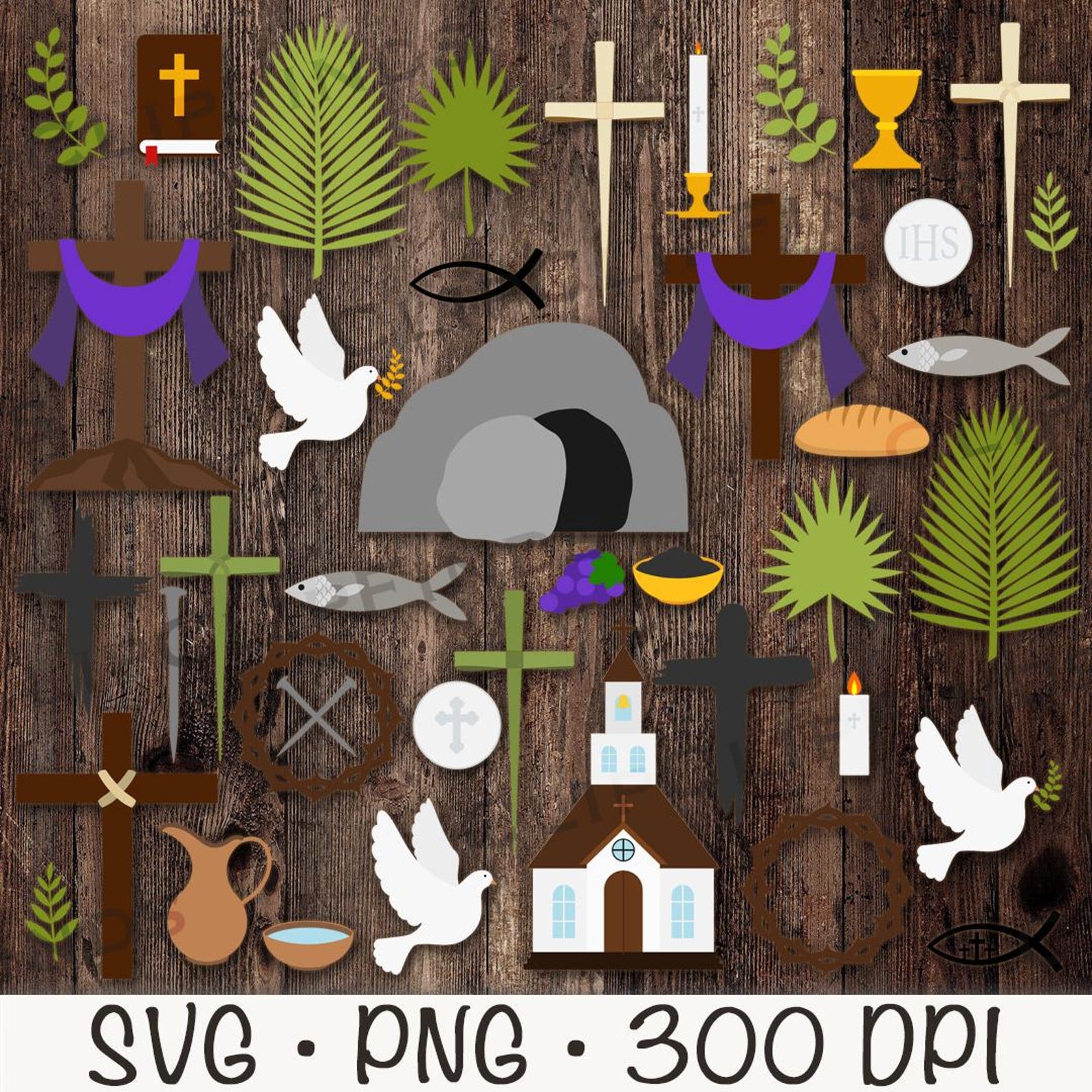 Lent Clipart, Palm Sunday Clipart, Ash Wednesday, SVG, PNG, Dove, Bible ...