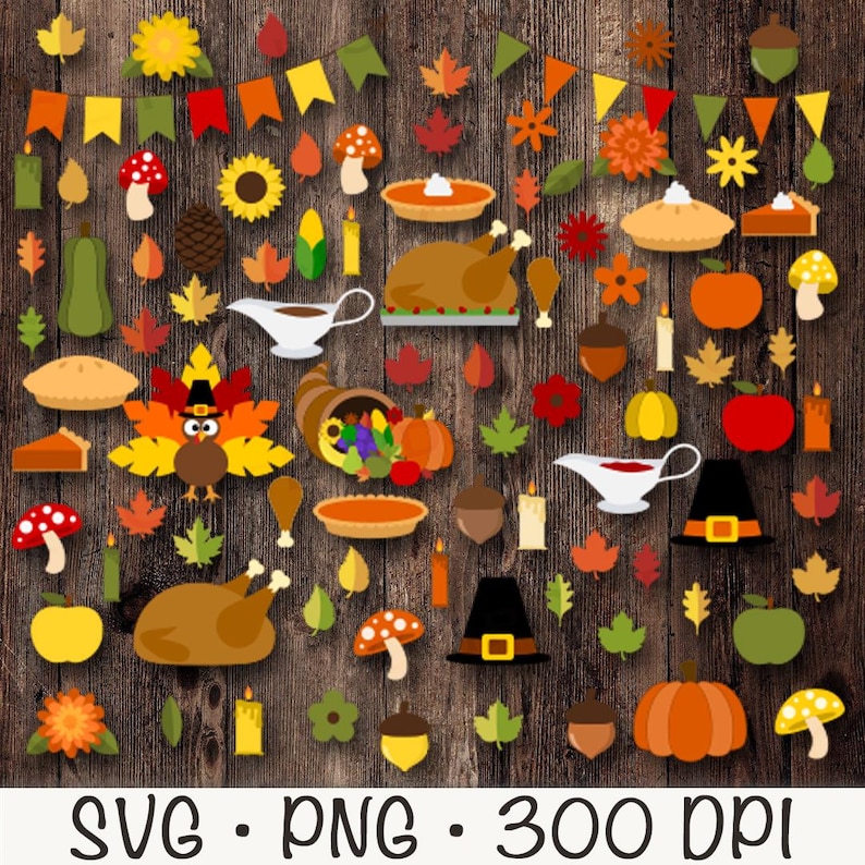 Thanksgiving Dinner Clip Art, Acorn, Pumpkin Pie, Pine Corn, Roast ...