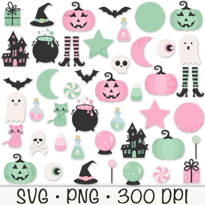 Halloween Clipart, Cute Halloween PNG, Pink Halloween, Mint Green ...