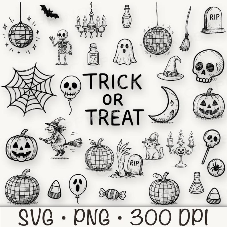 Hand-drawn Halloween Clipart, Doodle Halloween Illustrations, Sketch ...