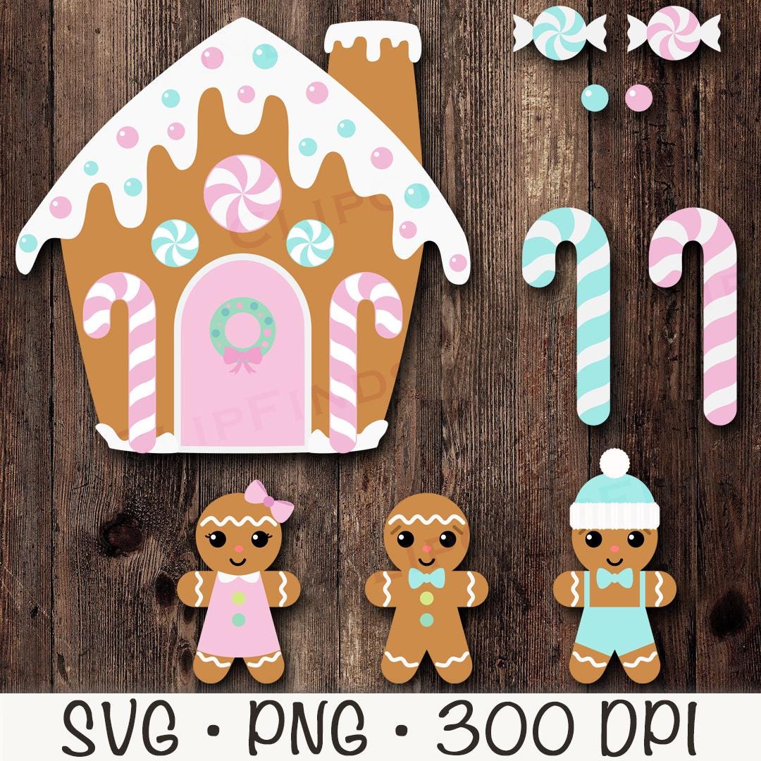 Cute Pastel Gingerbread House SVG, Pink and Blue Gingerbread Family PNG ...