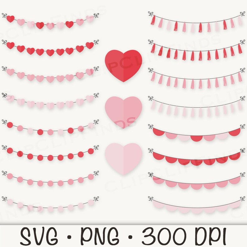 Heart Garland Bunting Valentine's Day SVG PNG, Pink and Red, Heart ...