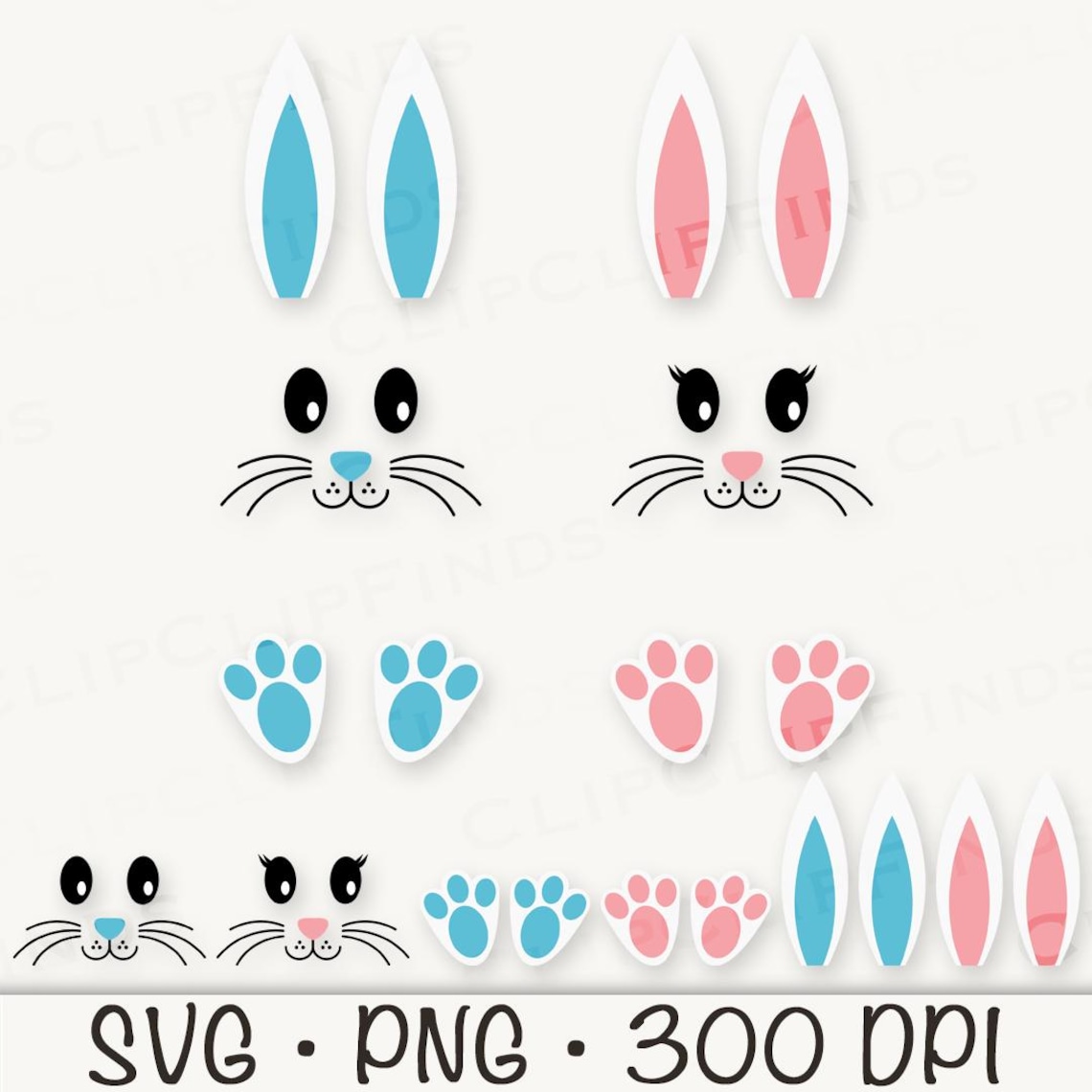 Bunny Face SVG, Bunny Ears, Bunny Paws, Bunny Bundle Pack PNG, Boy ...
