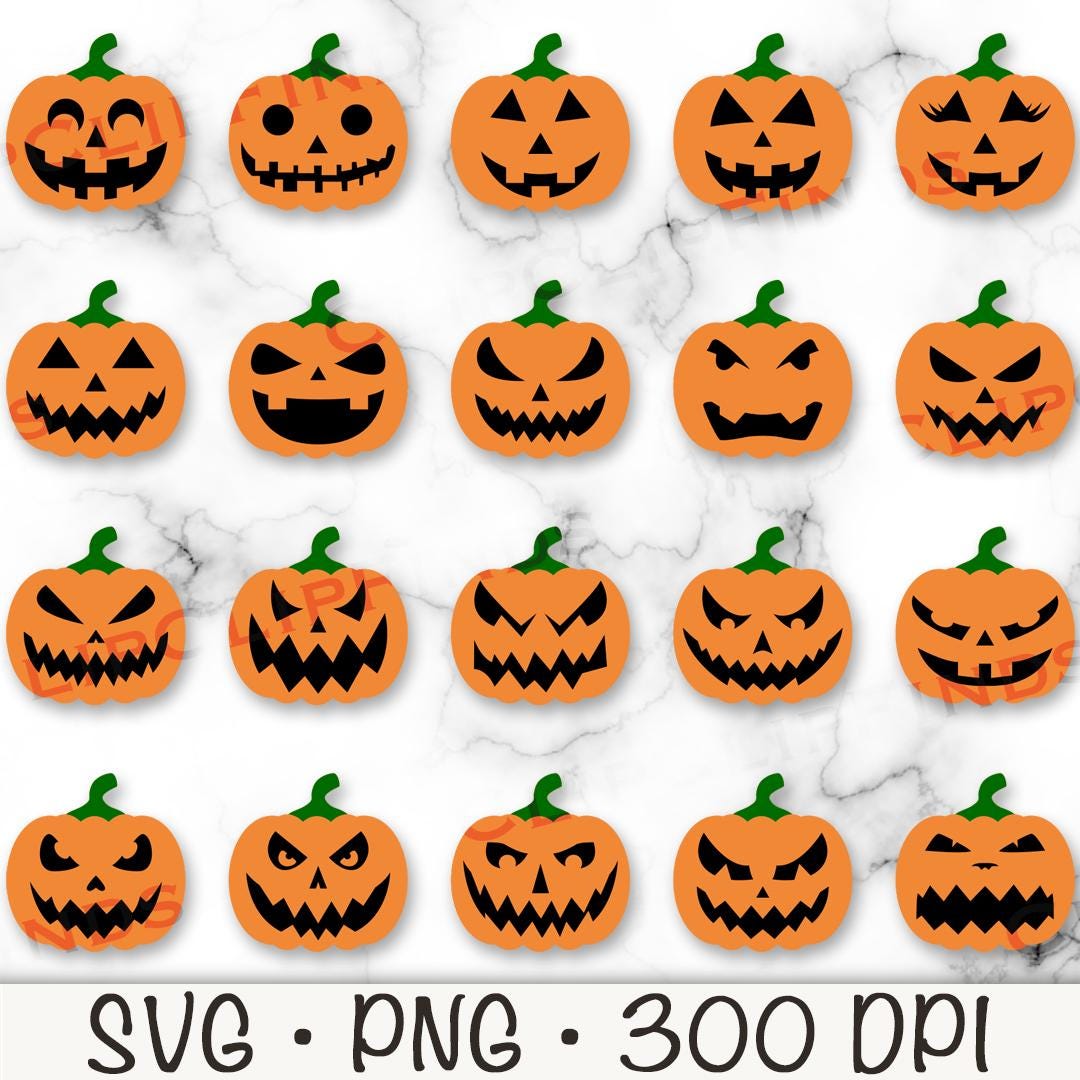 Pumpkin Jack O Lantern Faces Bundle SVG, PNG, Halloween Pumpkin Faces ...