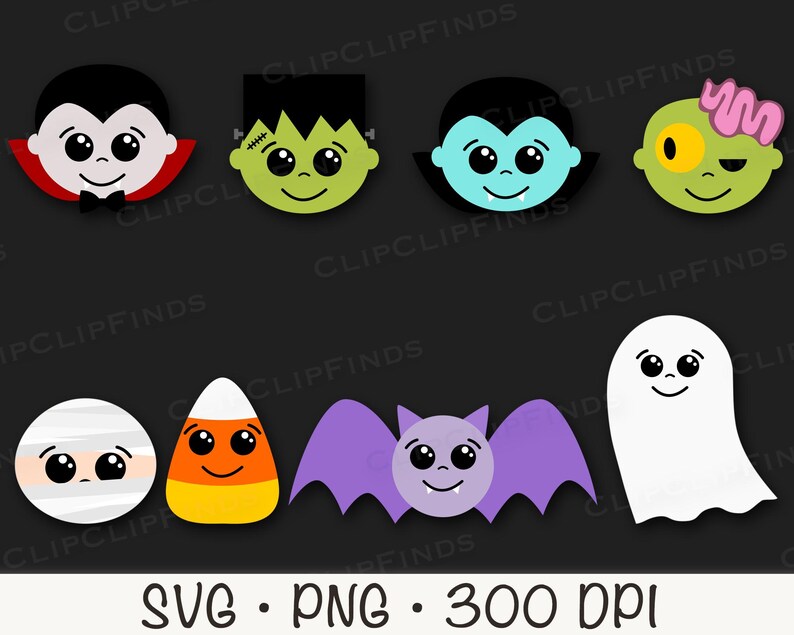 Cute Halloween Monster Faces, Dracula, Mummy, Ghost, Candy Corn, Bat, Zombie, Frankenstein, SVG ...
