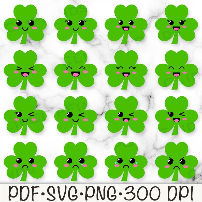 Kawaii Shamrock Clipart, Cute Faces Clover PNG, Saint Patrick's Cute ...