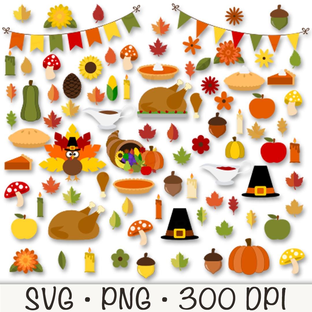 Thanksgiving Dinner Clip Art, Acorn, Pumpkin Pie, Pine Corn, Roast ...