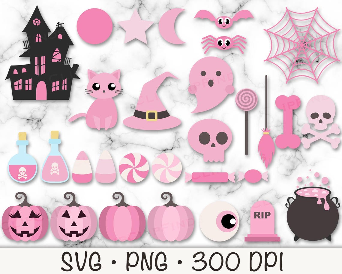 Pink Halloween Clipart, Cute Pink Halloween Clip Art, Cute Girly, SVG ...