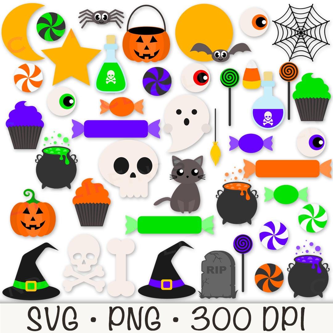 Cute Halloween Clipart, SVG, PNG, Candy, Pumpkin, Candy Corn, Witch Hat ...