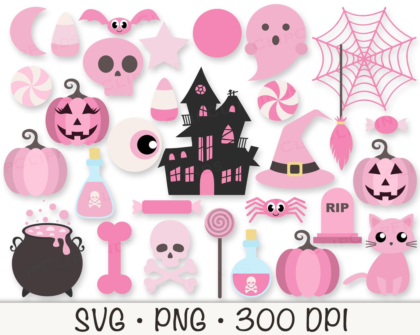 Pink Halloween Clipart, Cute Pink Halloween Clip Art, Cute Girly, SVG ...