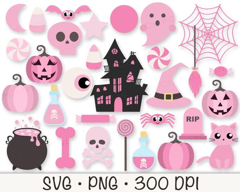 Pink Halloween Clipart, Cute Pink Halloween Clip Art, Cute Girly, SVG ...