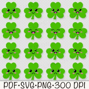 Kawaii Shamrock Clipart, Cute Faces Clover PNG, Saint Patrick's Cute ...