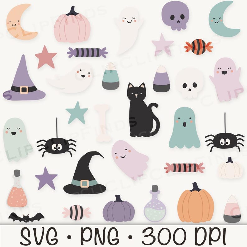 Halloween Clipart PNG, Hand-drawn Halloween Clipart, Pastel, Cute ...
