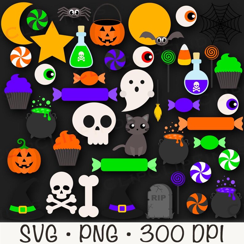 Cute Halloween Clipart, SVG, PNG, Candy, Pumpkin, Candy Corn, Witch Hat ...