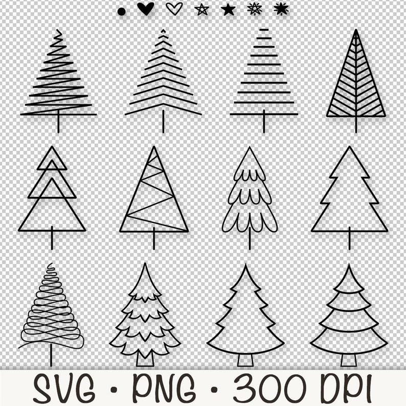 Outline Christmas Tree Bundle Pack SVG, Minimalist Pine Tree PNG, Lined ...
