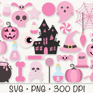 Pink Halloween Clipart, Cute Pink Halloween Clip Art, Cute Girly, SVG ...