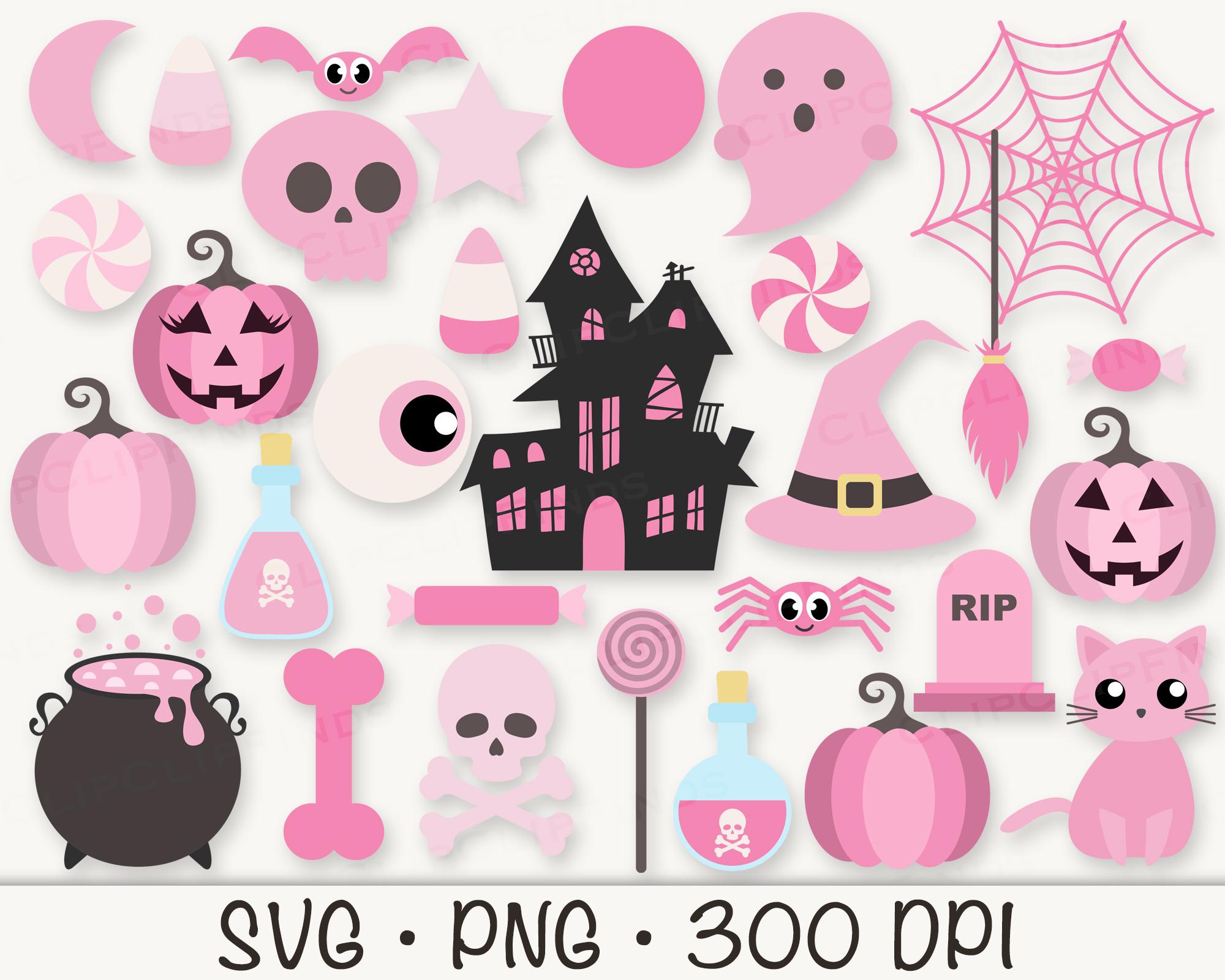 Pink Halloween Clipart, Cute Pink Halloween Clip Art, Cute Girly, SVG ...