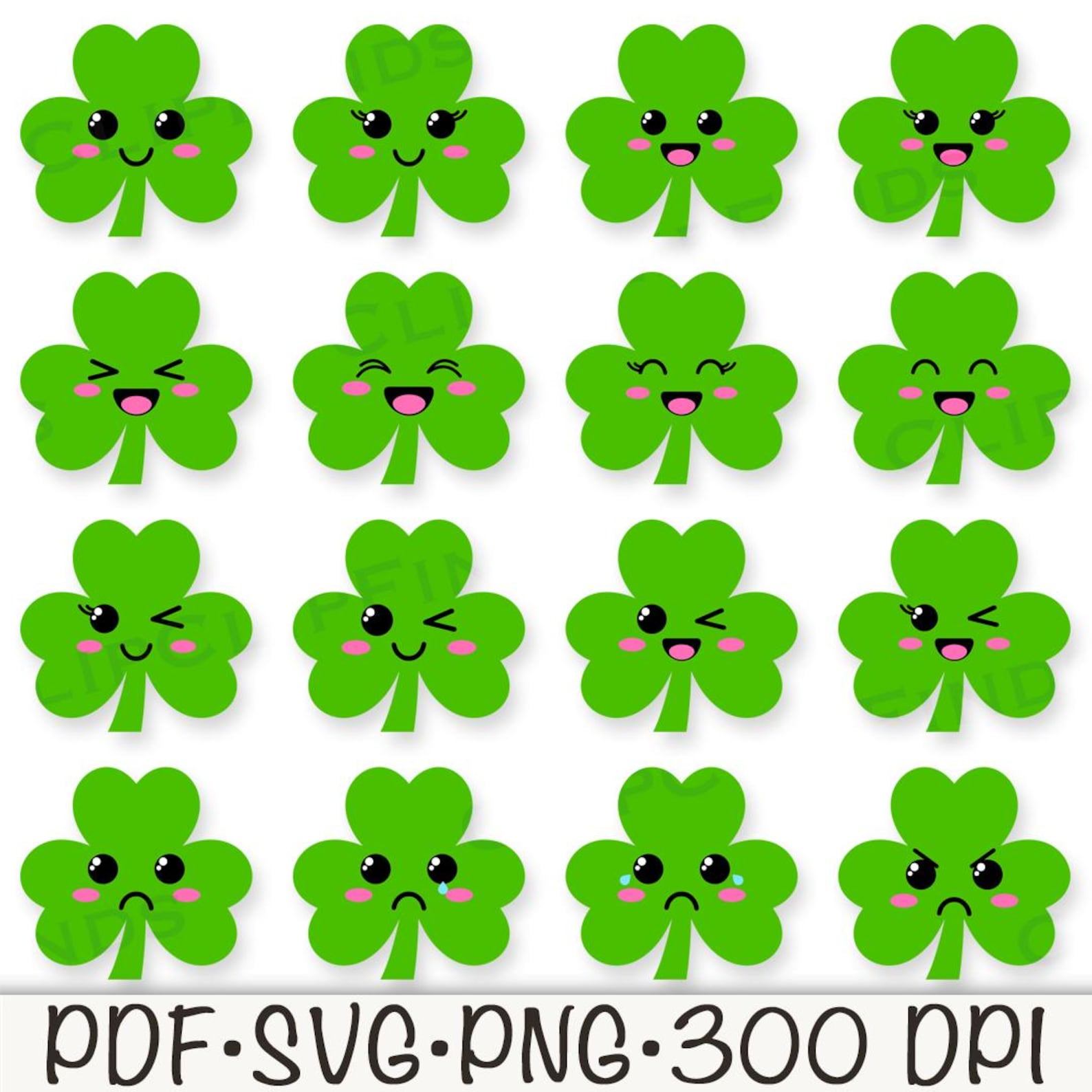 Kawaii Shamrock Clipart, Cute Faces Clover PNG, Saint Patrick's Cute ...