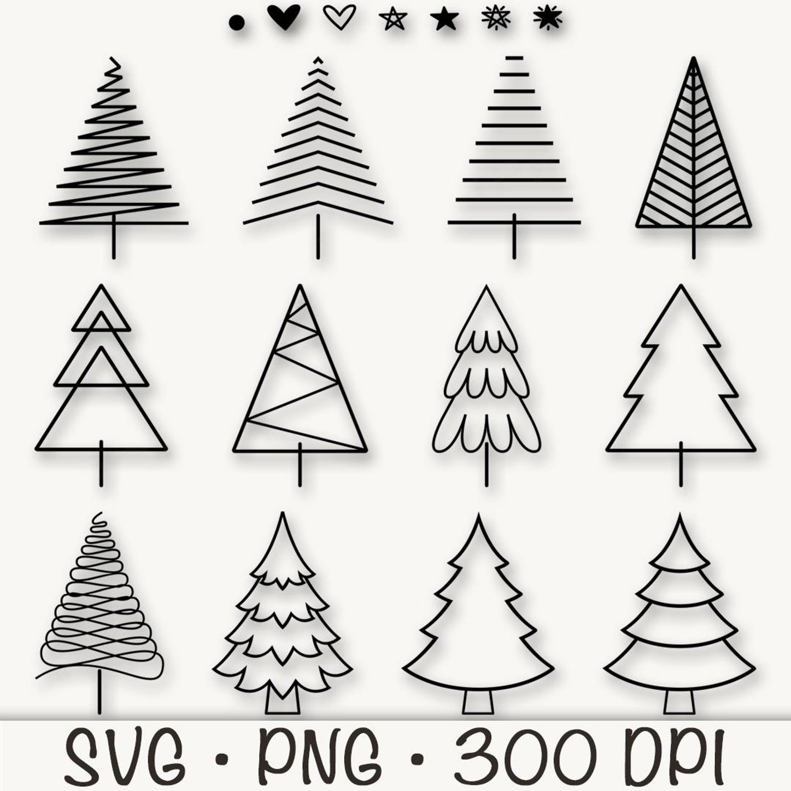 Outline Christmas Tree Bundle Pack SVG, Minimalist Pine Tree PNG, Lined ...