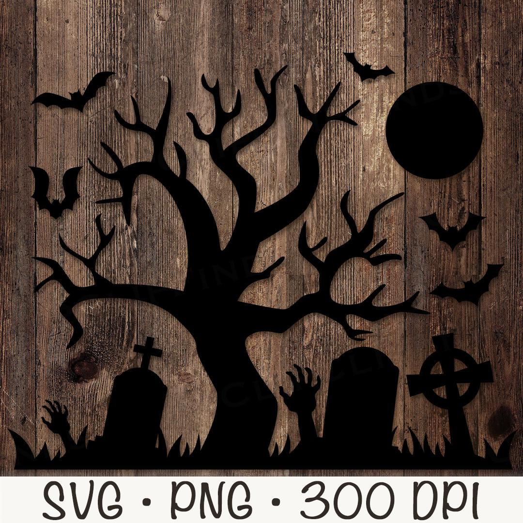 Halloween Graveyard Scene SVG, Graveyard SVG, Cemetery SVG, Spooky Tree ...