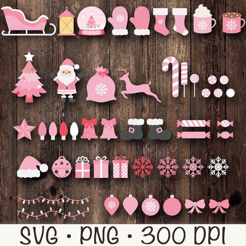 Pink Christmas PNG Bundle Pack Clip Art, Pink Christmas SVG, Cute ...