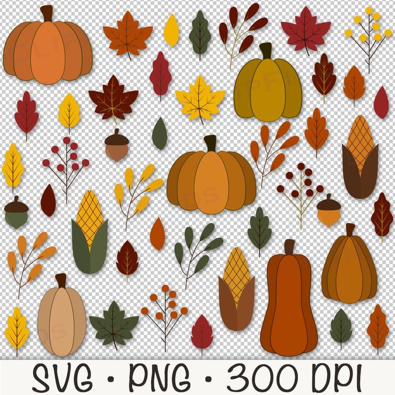 Fall Clip Art Bundle Pack PNG, Foliage SVG, Pumpkin, Corn, Thanksgiving ...