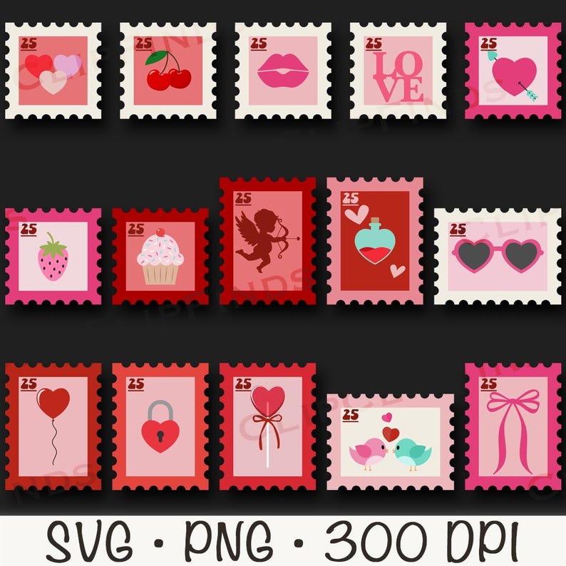 Valentine's Day Stamps Clipart, SVG, PNG, Postal Stamps, Cupid, Cherry ...