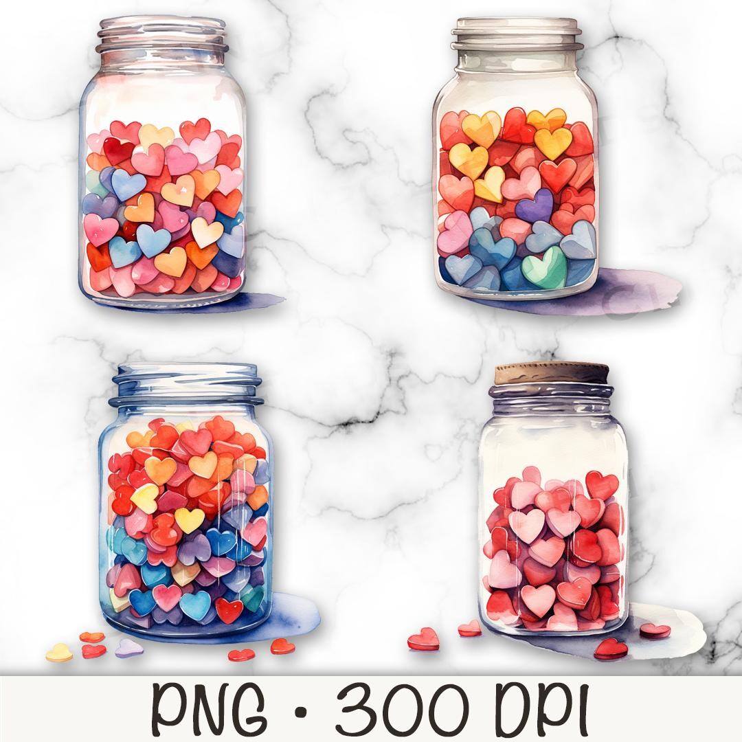 Watercolor Jar With Candy Hearts PNG Clipart Bundle, Valentine's Day ...