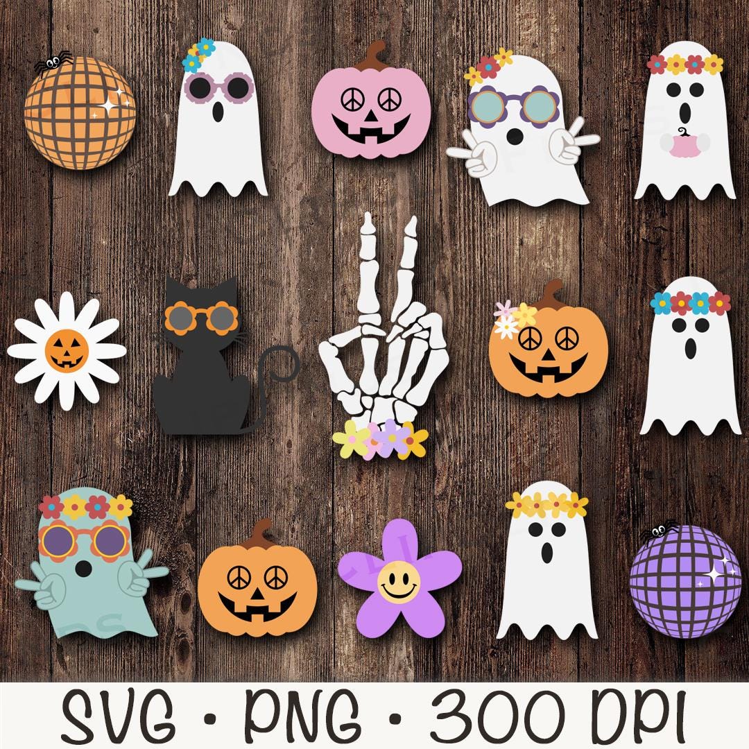 Hippie Halloween, Groovy Halloween Clipart, Hippie Ghost, Black Cat ...