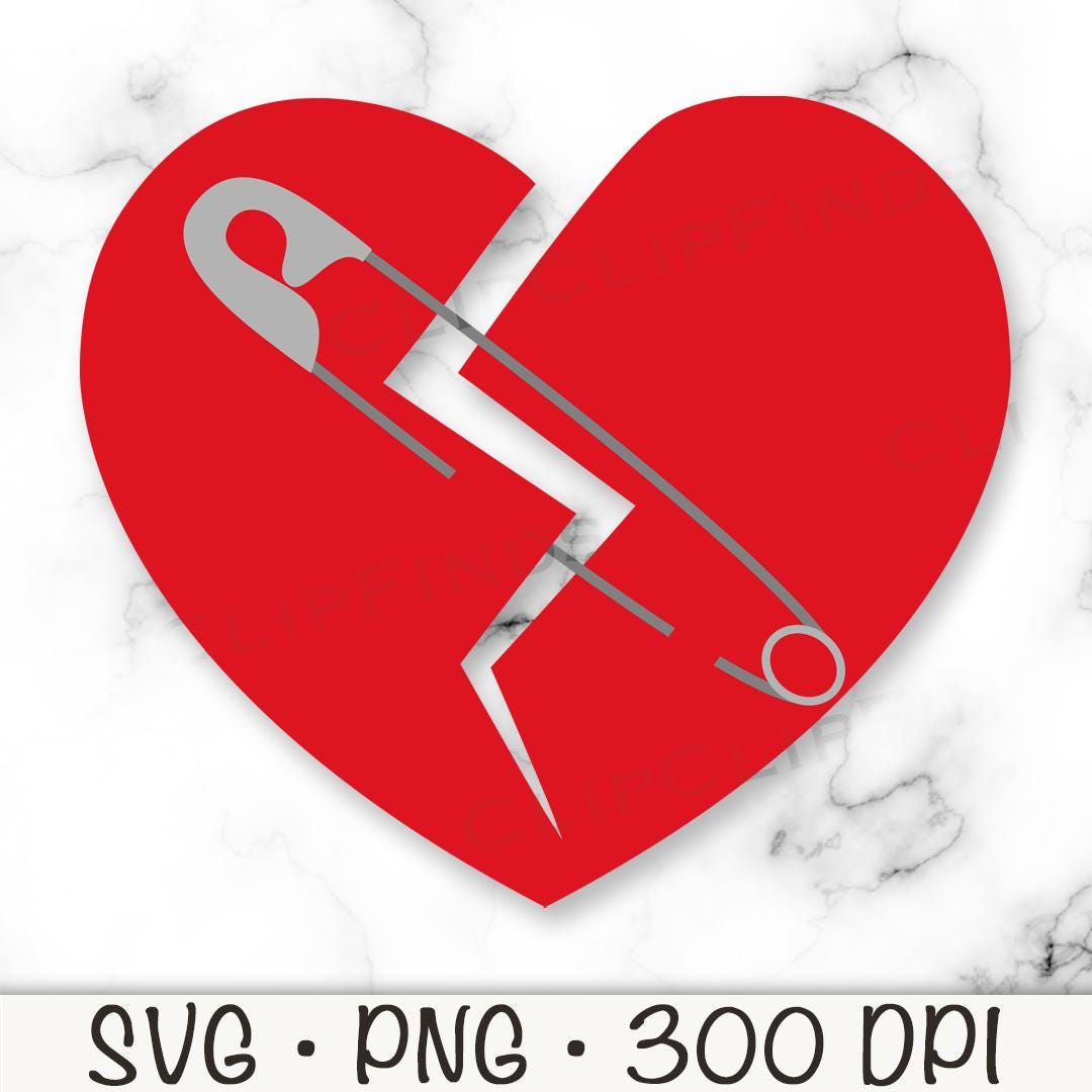 Broken Heart With Safety Pin SVG, Shattered Heart PNG, Heart Broken ...