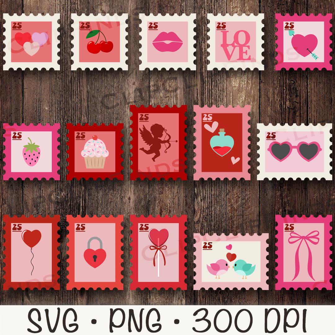 Valentine's Day Stamps Clipart, SVG, PNG, Postal Stamps, Cupid, Cherry ...