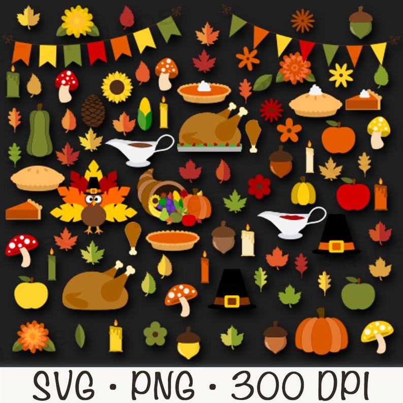Thanksgiving Dinner Clip Art, Acorn, Pumpkin Pie, Pine Corn, Roast ...