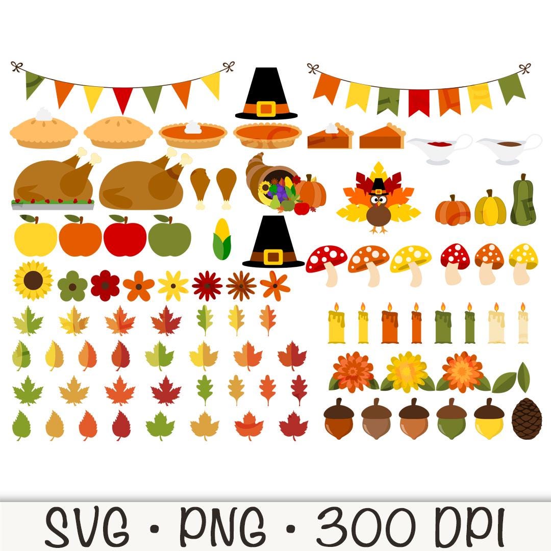 Thanksgiving Dinner Clip Art, Acorn, Pumpkin Pie, Pine Corn, Roast ...