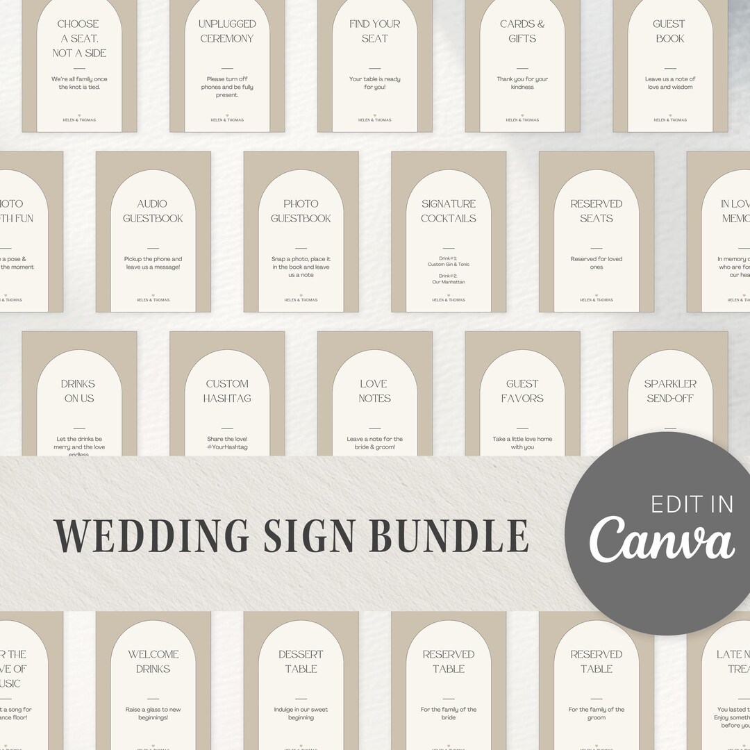 Neutral Wedding Sign Bundle With Arch Design | 20+ Editable Canva ...