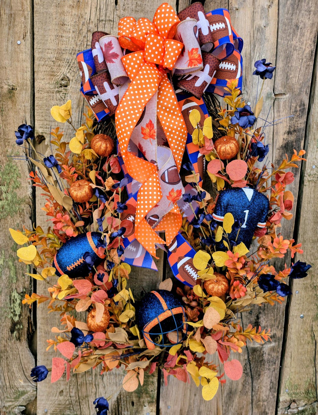 Fall Football Wreath: Broncos Colors, Glitter Pumpkins & Jersey - Etsy