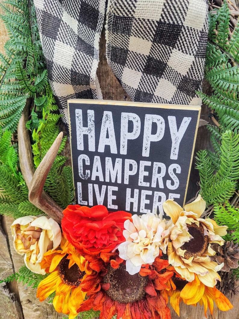 Happy Campers Wreath: Sunflower, Antler, Checkered Burlap Bow - Etsy